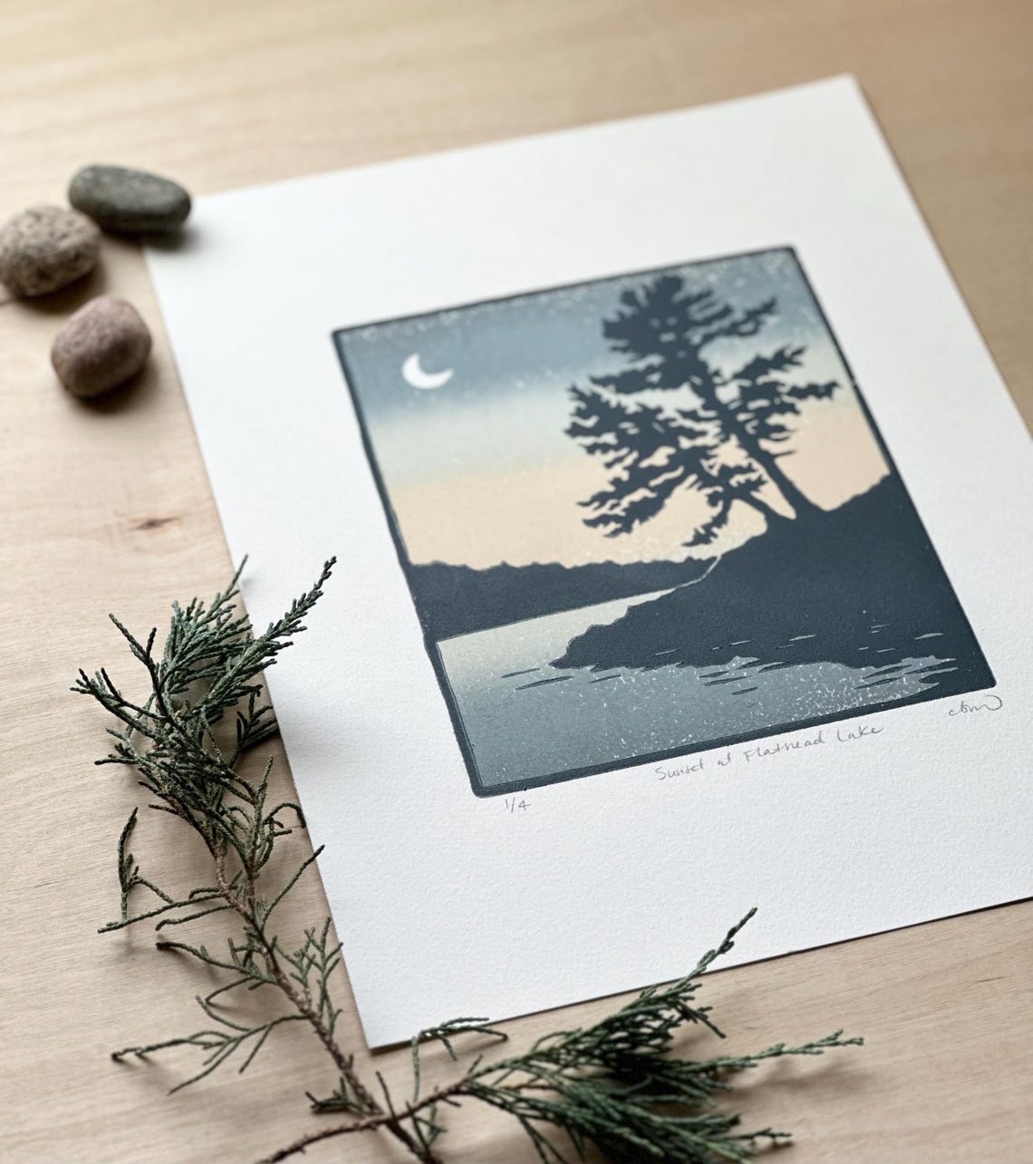 Sunset at Flathead Lake | Original Linocut Block Print | Reduction ...