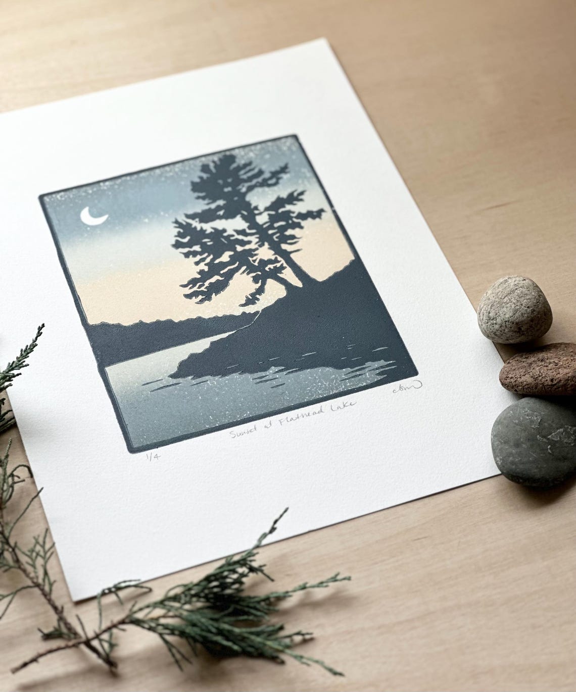 Sunset at Flathead Lake | Original Linocut Block Print | Reduction ...