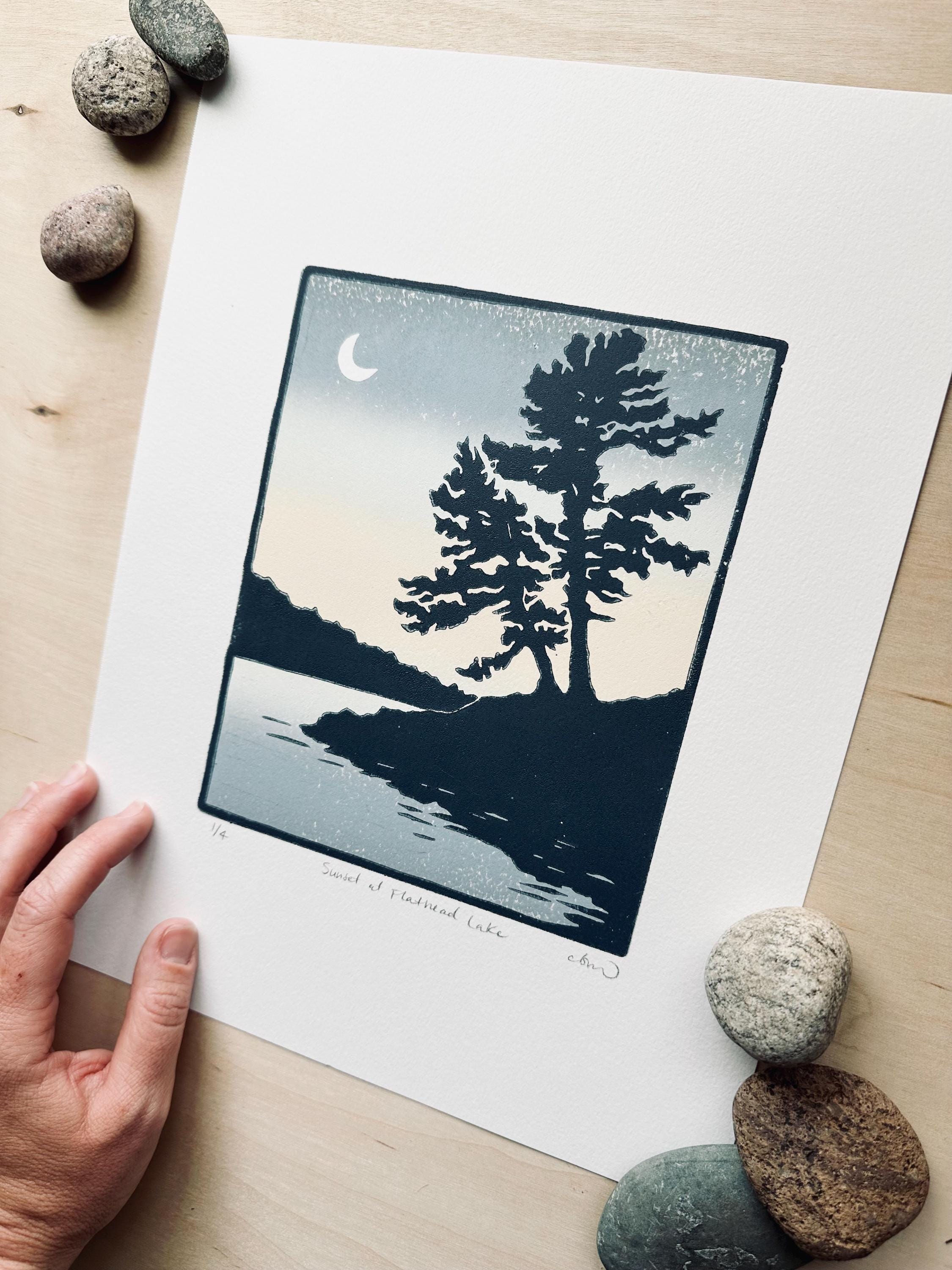 Sunset at Flathead Lake | Original Linocut Block Print | Reduction ...
