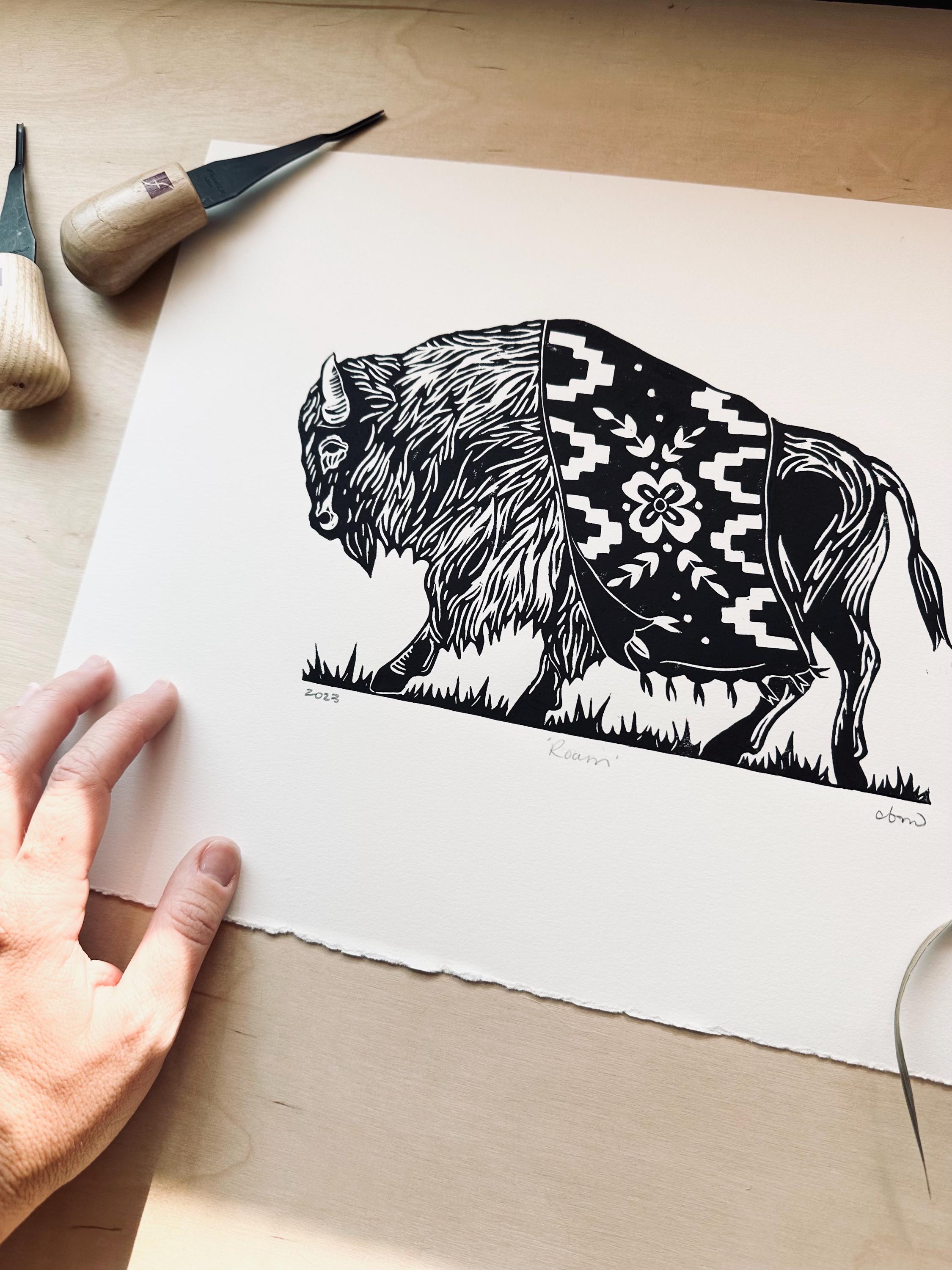 Roam | Buffalo Original Linocut Block Print | Southwestern Art - Etsy