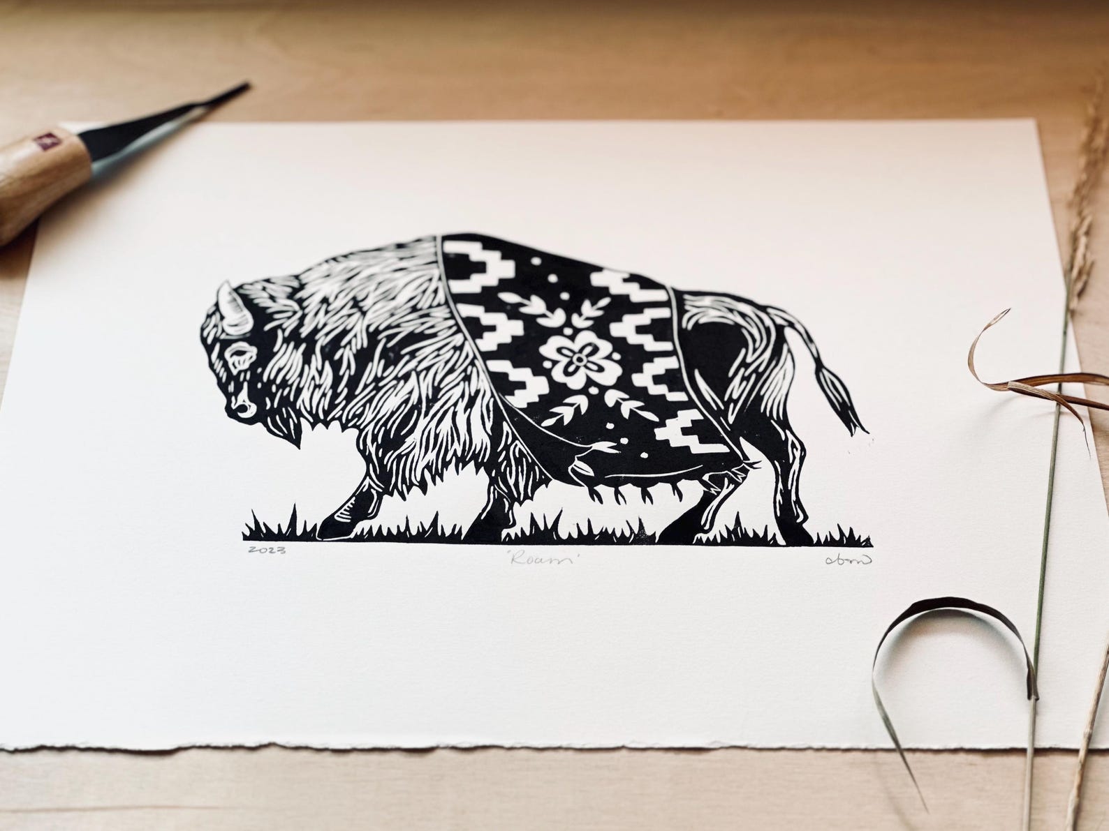 Roam | Buffalo Original Linocut Block Print | Southwestern Art - Etsy