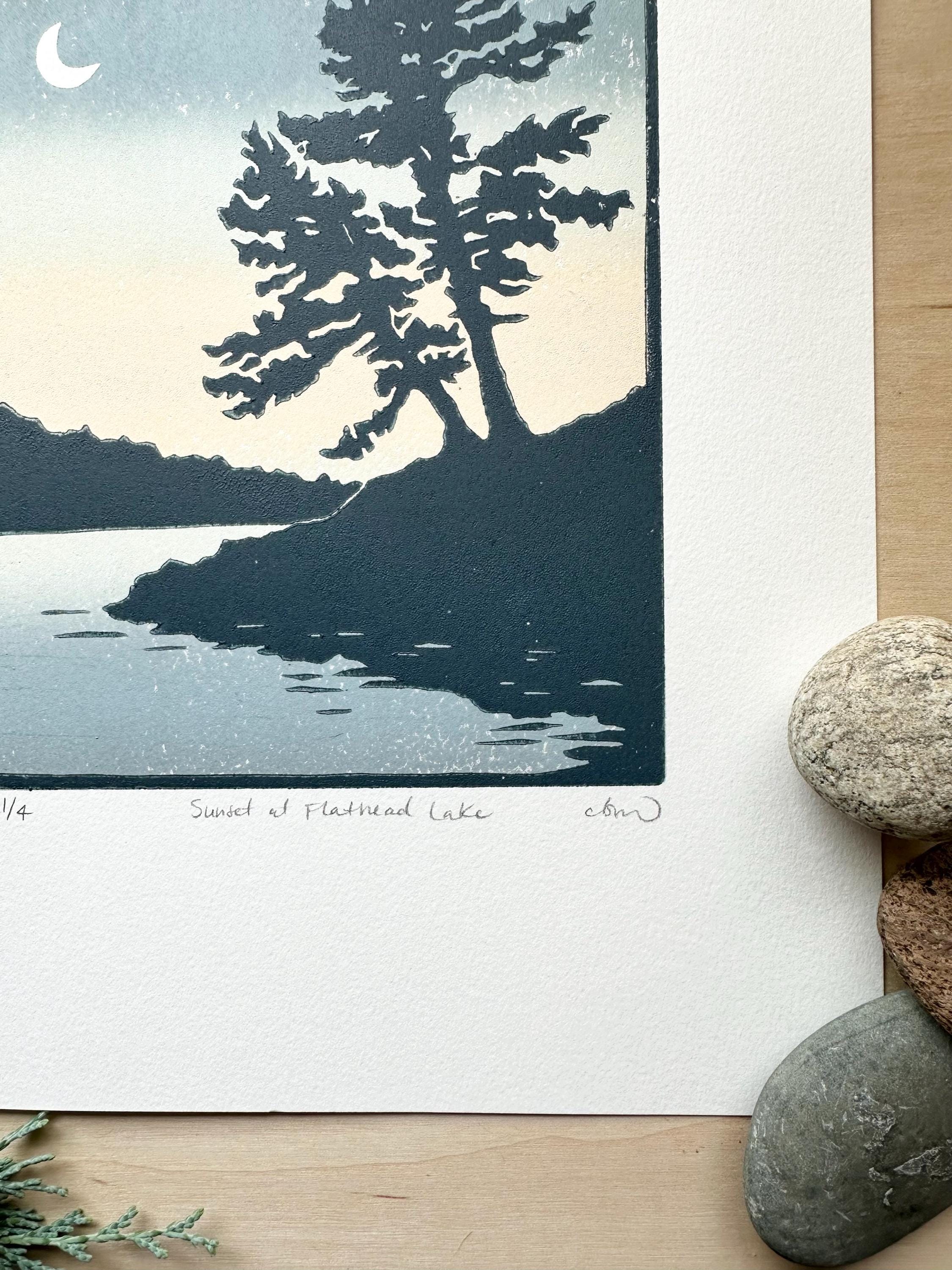 Sunset at Flathead Lake | Original Linocut Block Print | Reduction ...