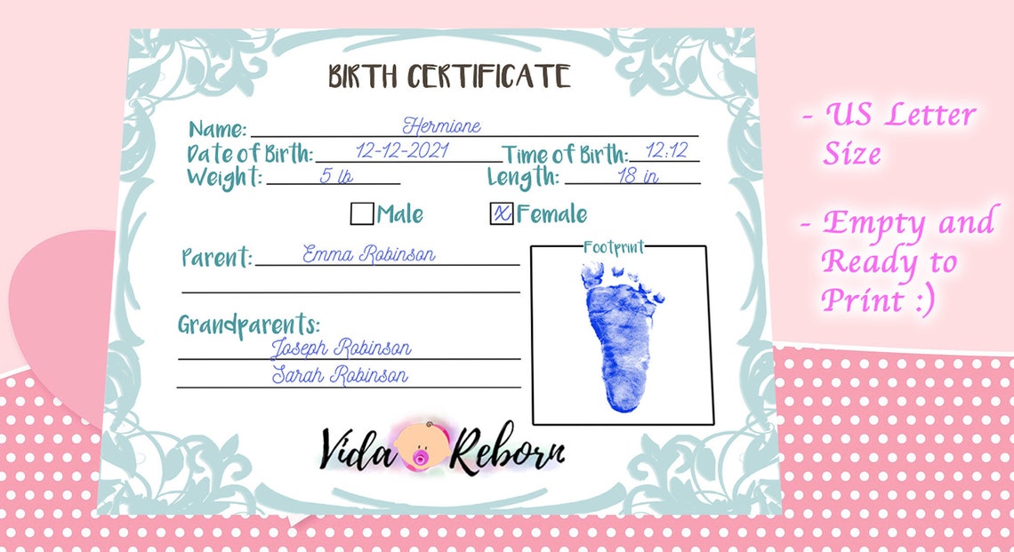 Reborn Baby Doll Birth Certificate, Print and Fill In - Etsy