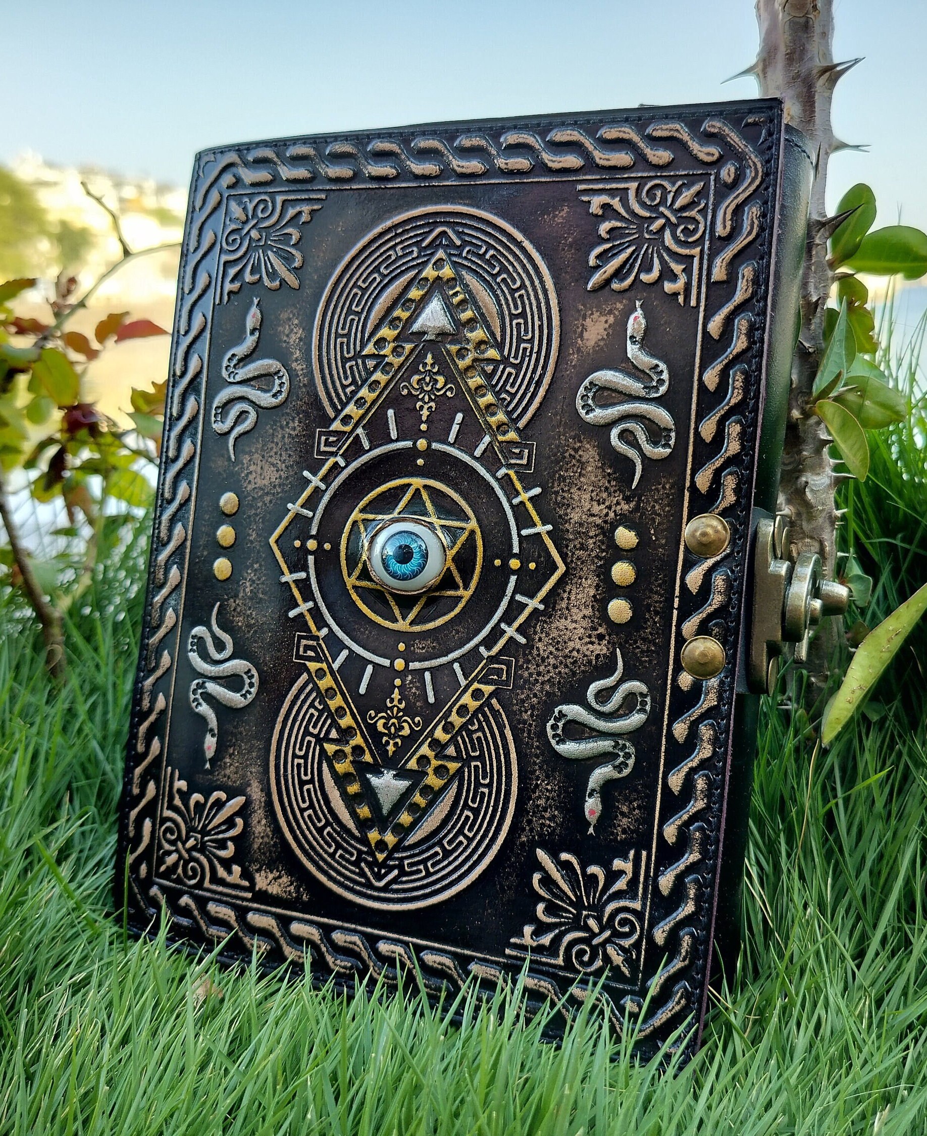 Handmade Leather Journal Evil Eye in Rhombus, Snakes 200 Pages Brass C ...