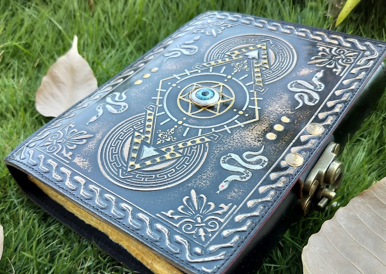 Handmade Leather Journal Evil Eye in Rhombus, Snakes| 200 Pages | Brass ...
