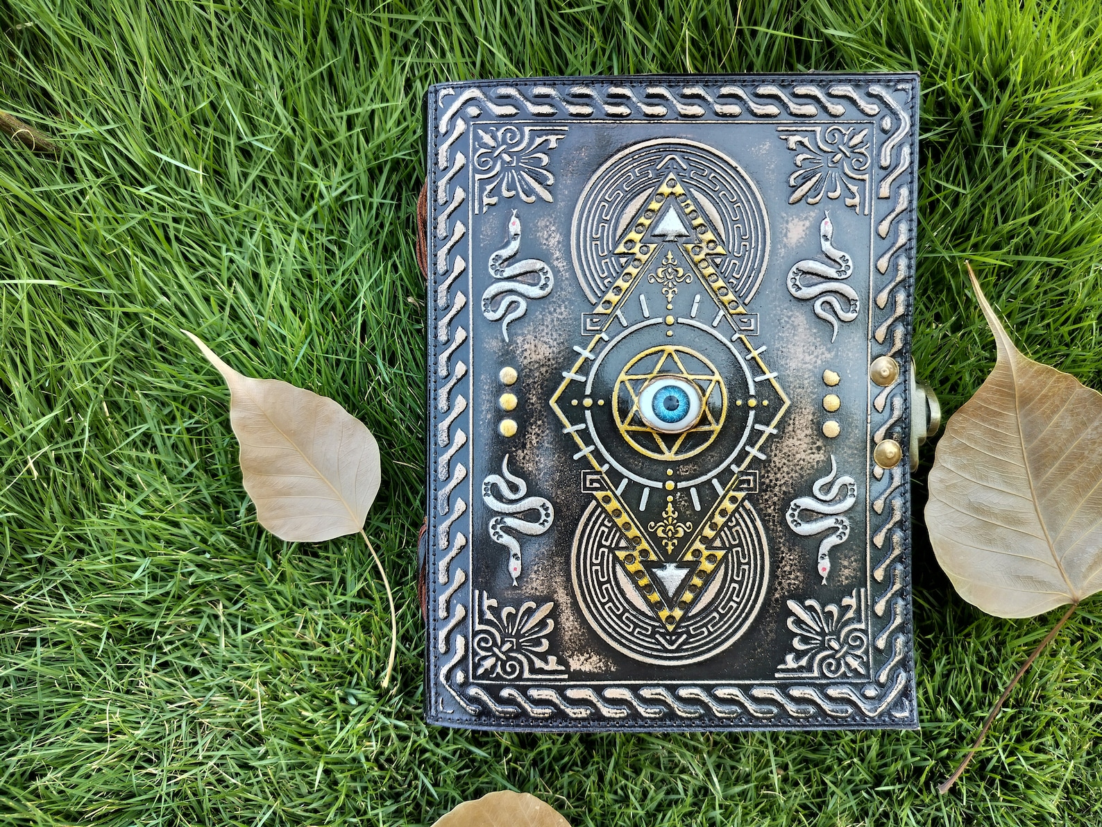 Handmade Leather Journal Evil Eye in Rhombus, Snakes| 200 Pages | Brass ...