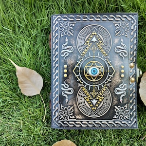 Handmade Leather Journal Evil Eye in Rhombus, Snakes| 200 Pages | Brass ...