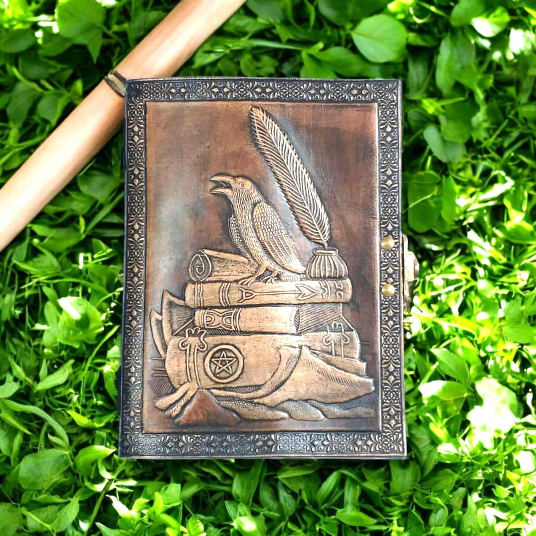 Raven Grimoire Leather Journal - Witchcraft Book of Shadows With Lock ...