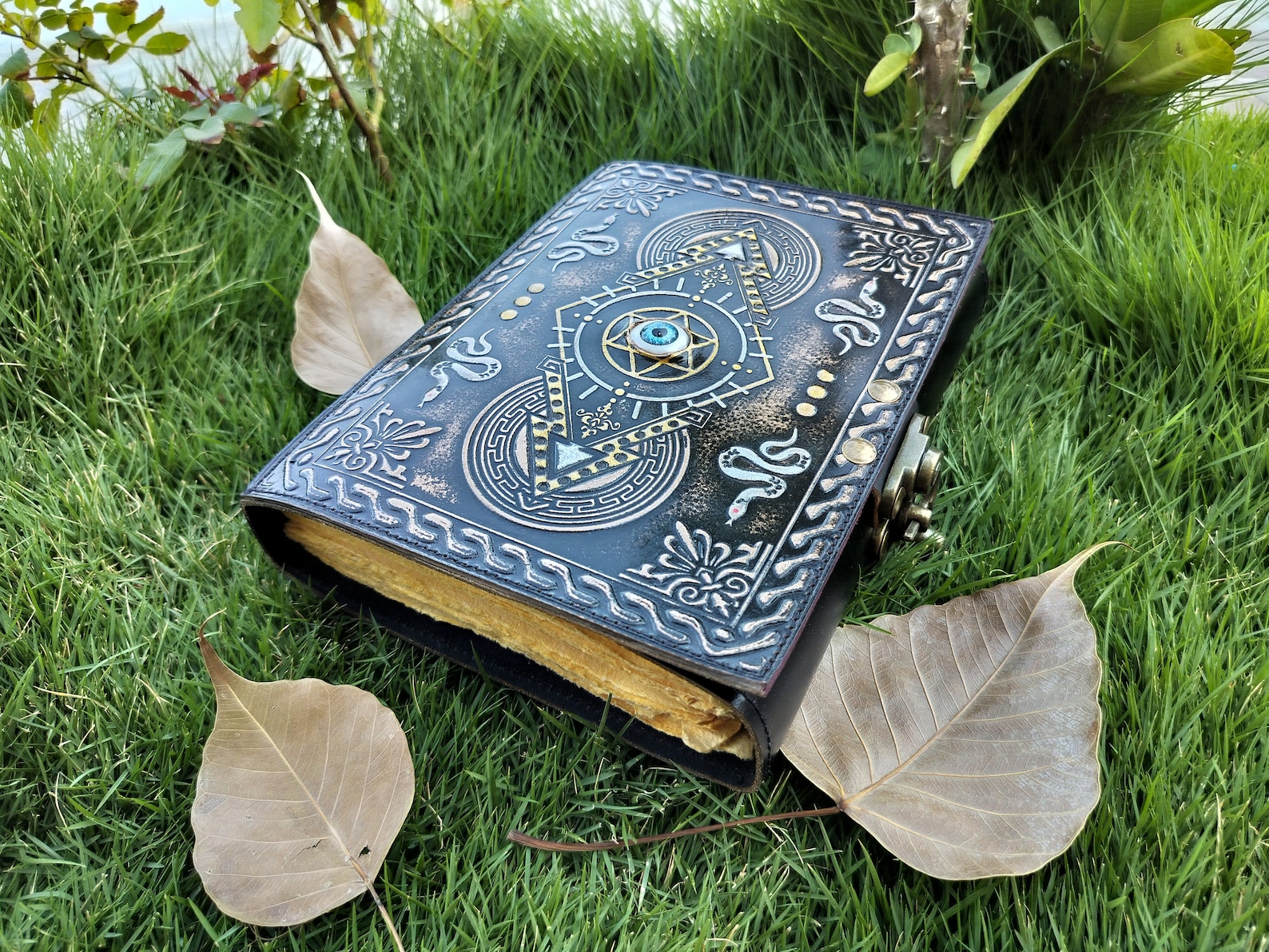 Handmade Leather Journal Evil Eye in Rhombus, Snakes| 200 Pages | Brass ...