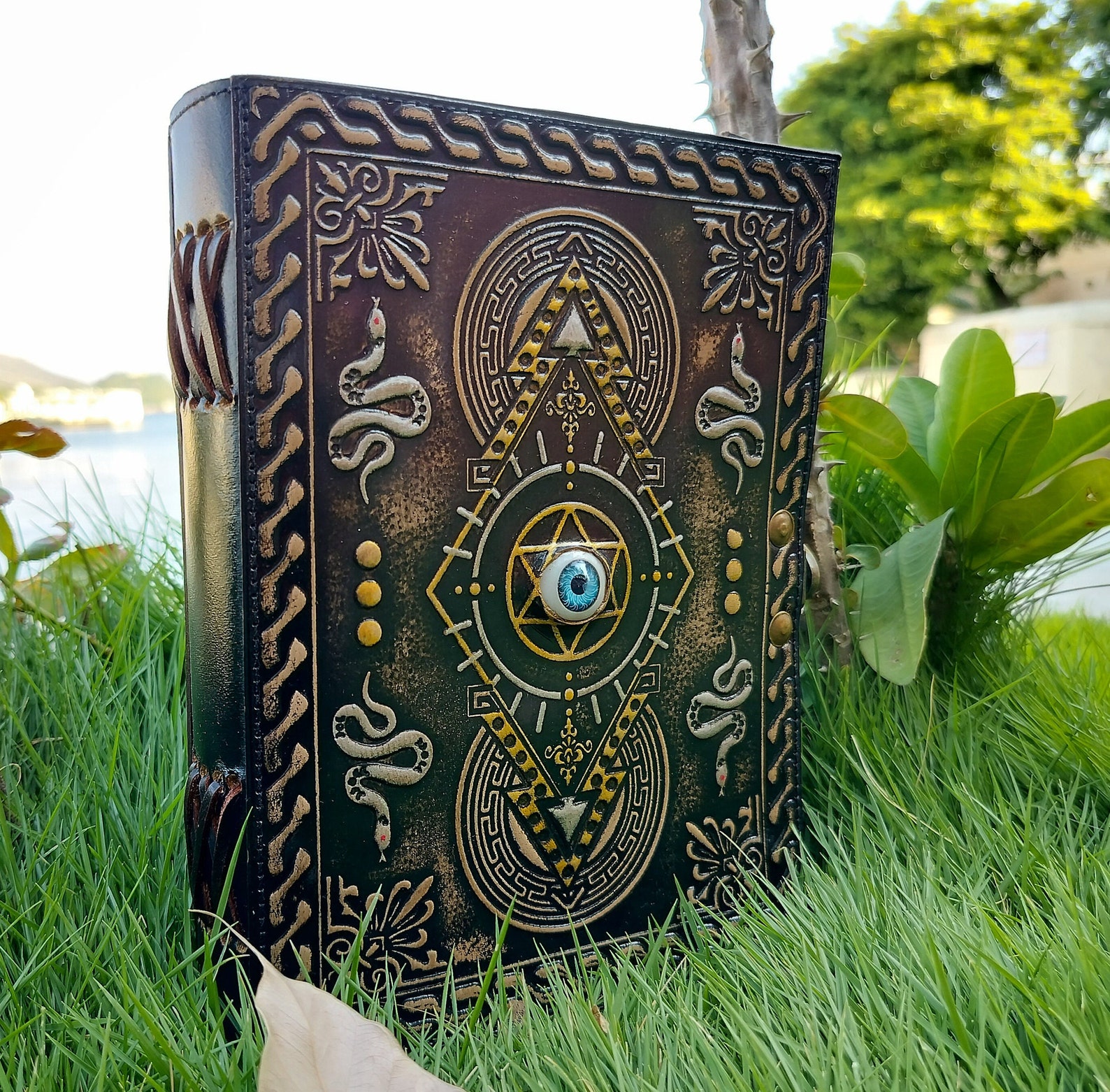 Handmade Leather Journal Evil Eye in Rhombus, Snakes| 200 Pages | Brass ...