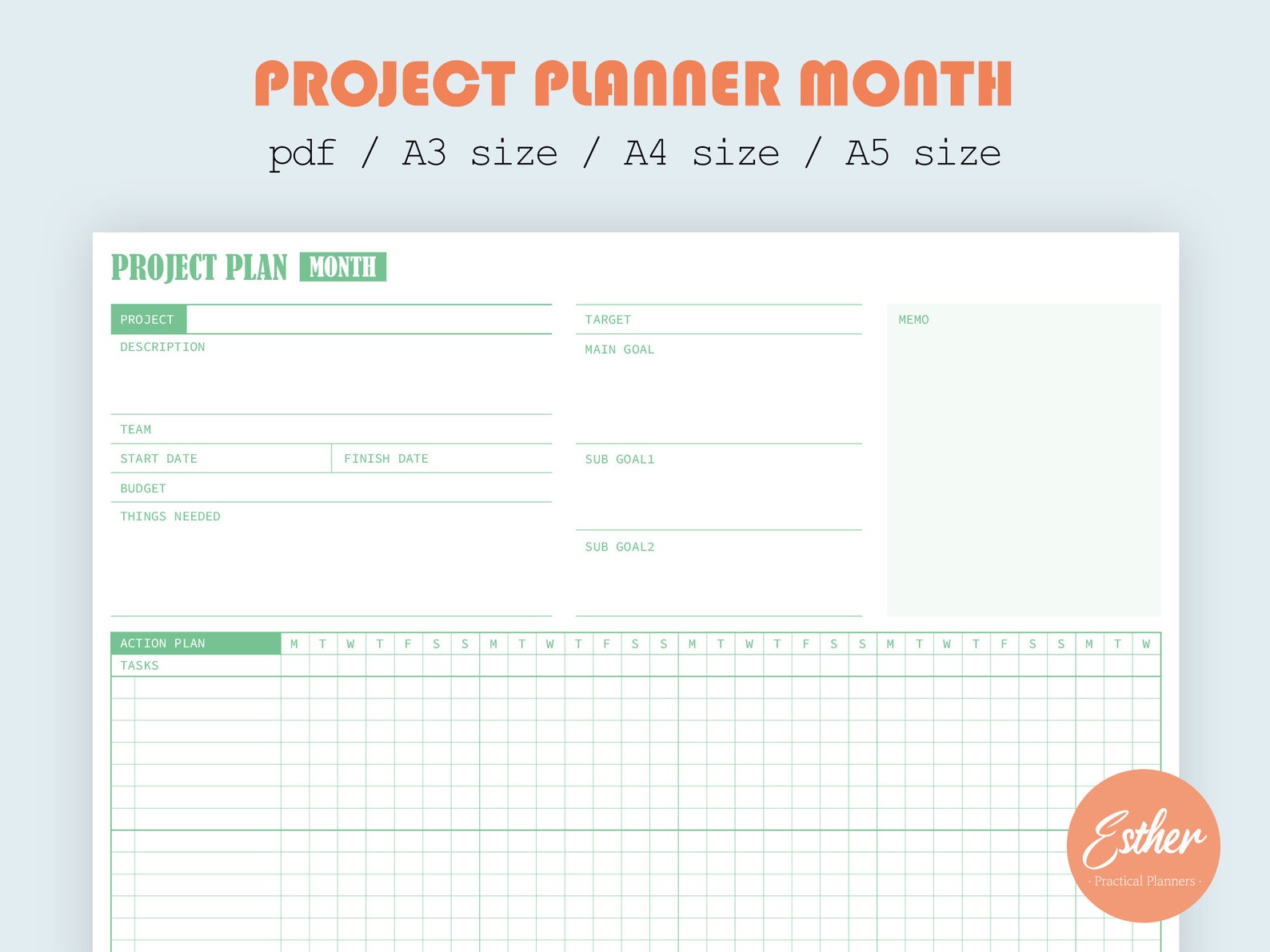 Project planner Monthly printable A3 A4 A5 size digital | Etsy