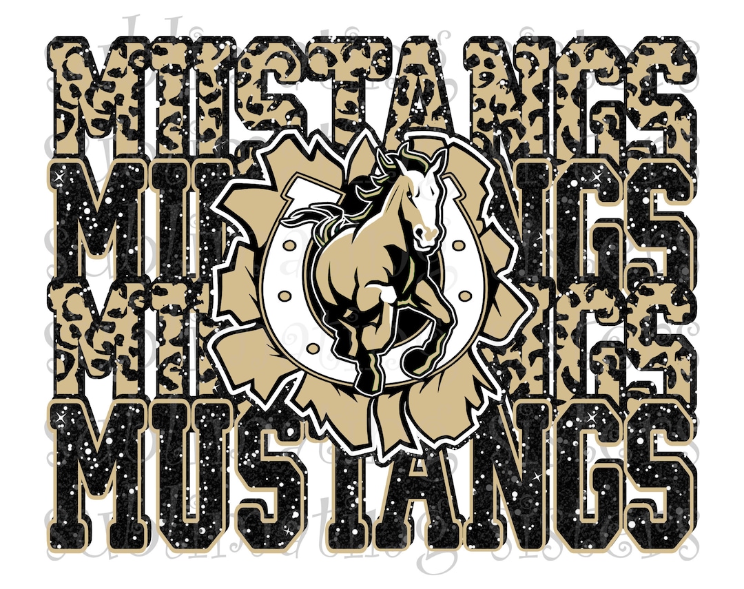 Mustangs Mascot, Stacked Design, Black and Gold, Sublimation, DTG, DTF ...