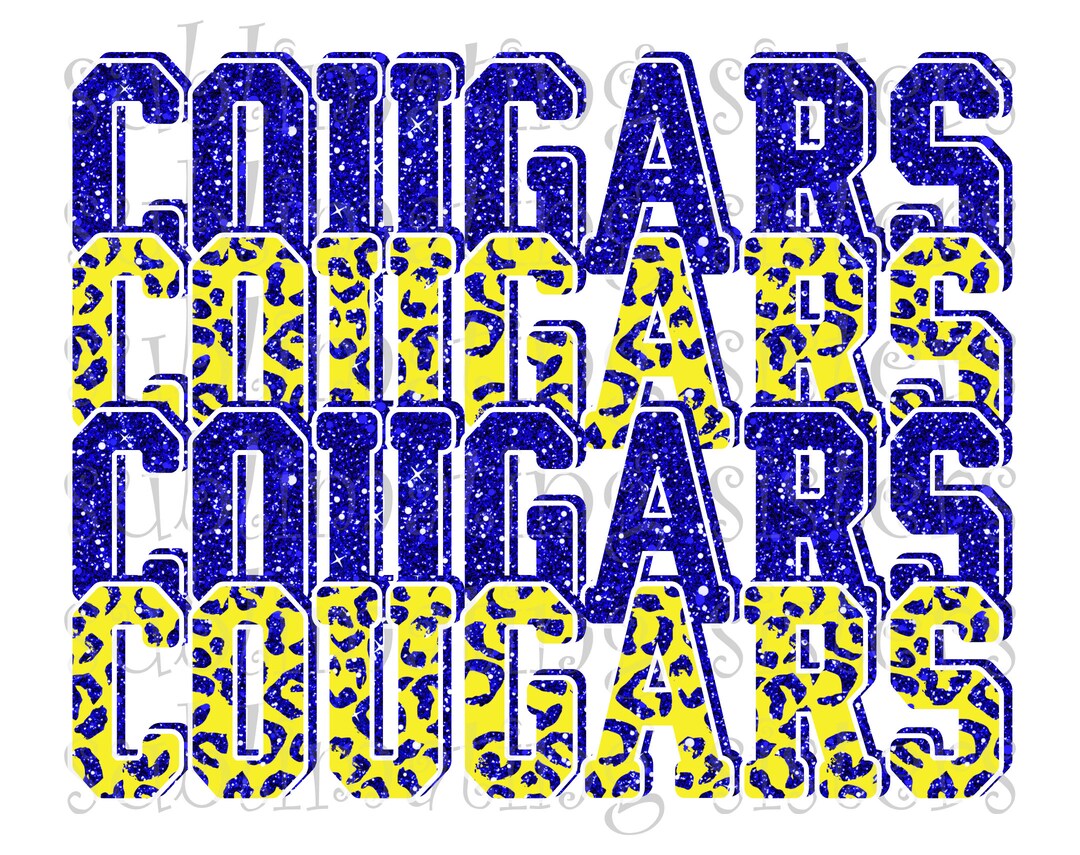 Cougars, High School Mascot, Royal Blue and Yellow, Custom Stacked ...