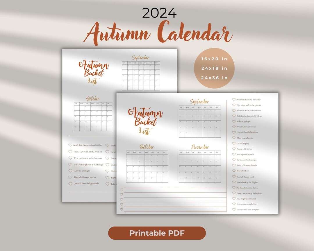 Printable Autumn Calendar Bucket List, Fall Checklist, Fall to Do List ...