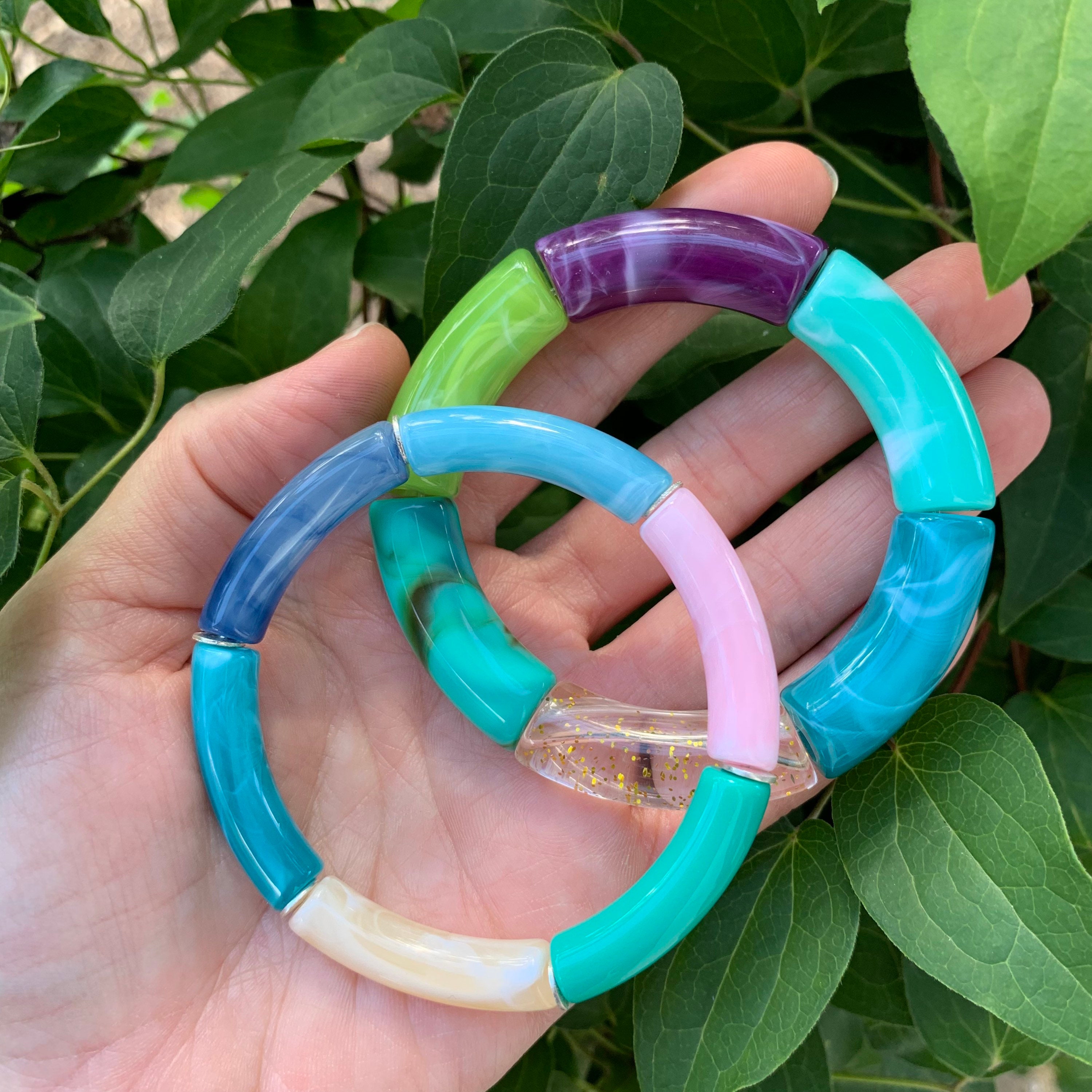 Chunky Acrylic Bamboo Macaroni Bead Bracelet - Colorful Bangle Stacking ...
