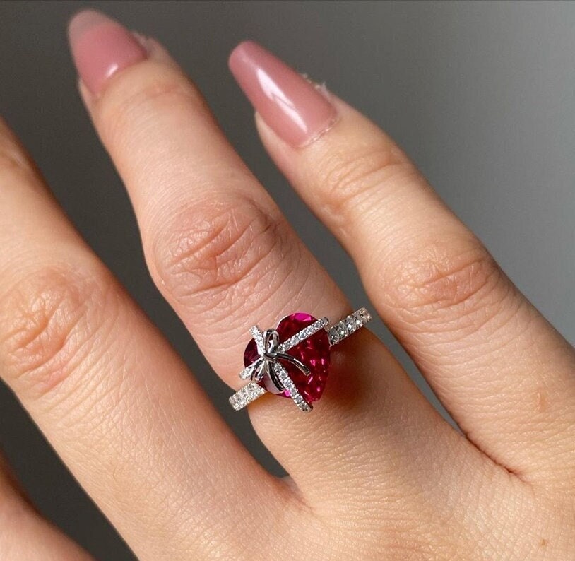 Pink Ruby Heart Cut Engagement Ring, Heart Ribbon Knot's Ring ...