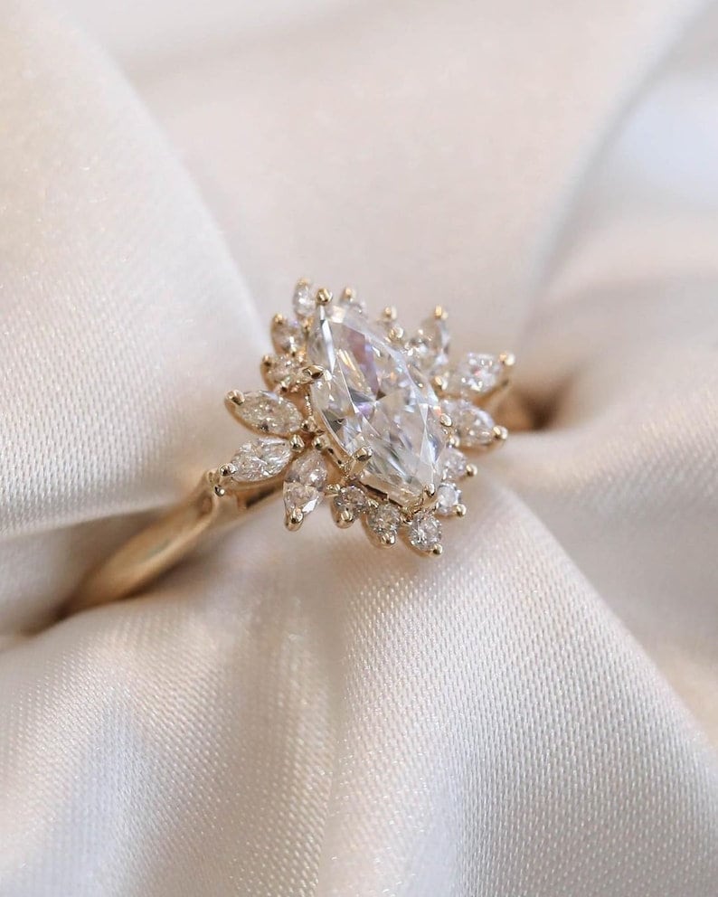 Marquise Cut Moissanite Halo Engagement Wedding Ring, Sunburst Wedding ...
