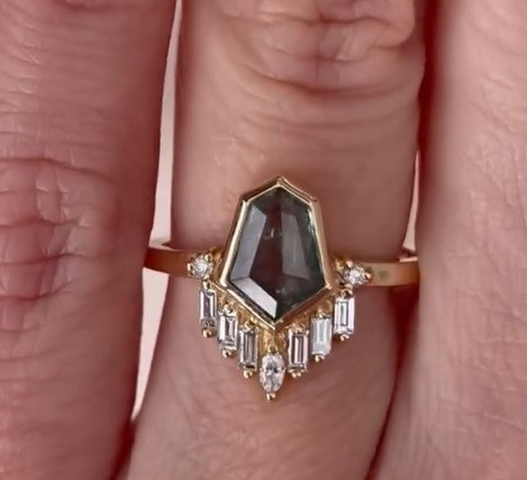 Coffin Cut Engagement Ring, Vintage Cluster Ring, Emerald Ring, Bezel ...