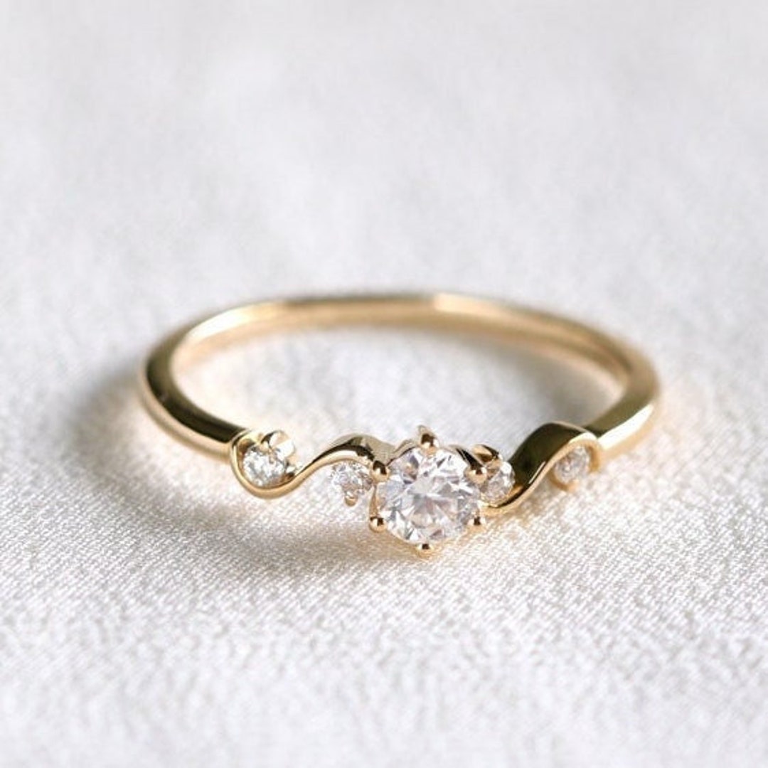Round Cut Engagement Ring, Wave Shape Round Moissanite Ring, 14K Solid ...