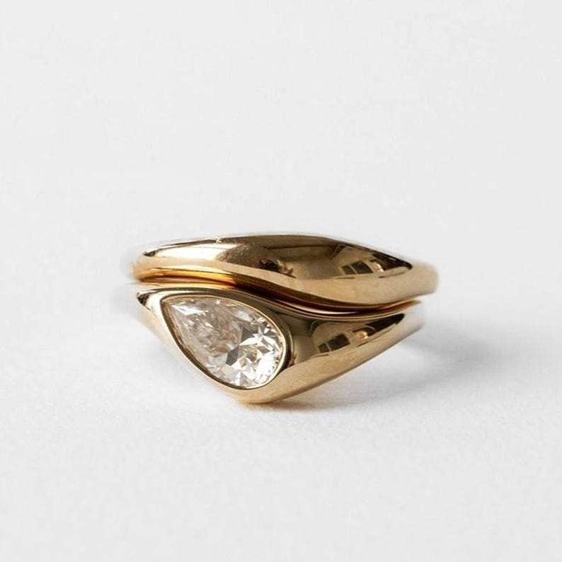 East to West Pear Cut Moissanite Ring, Tear Drop Ring Set, Colorless ...