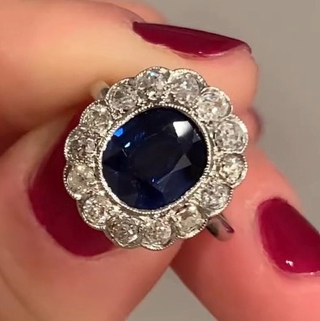 Vintage Halo Ring, Floral Style Ring, Blue Sapphire Oval Cut Engagement ...