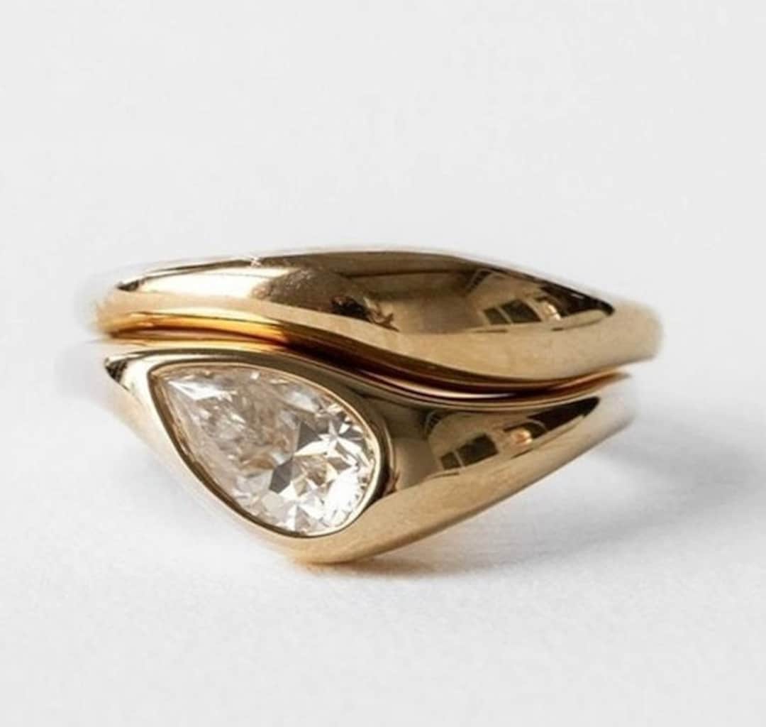 East to West Pear Cut Moissanite Ring, Tear Drop Ring Set, Colorless ...