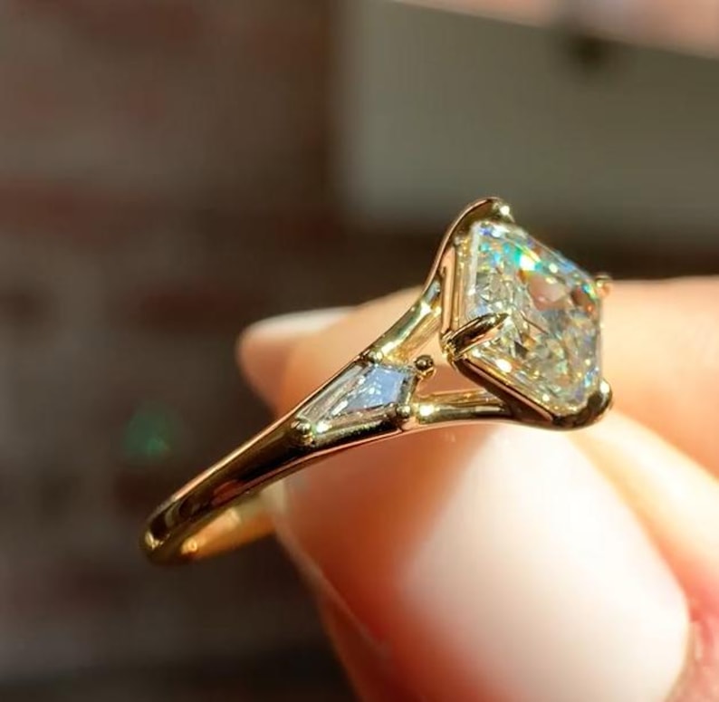 Three Stone Engagement Ring, Split Shank Wedding Ring, Asscher & Kite ...