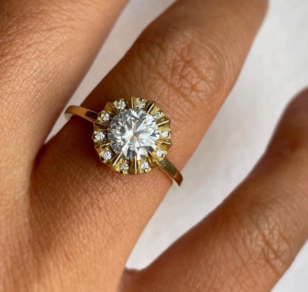 Bar Setting Engagement Ring, Halo Ring, Round Cut Moissanite Wedding ...