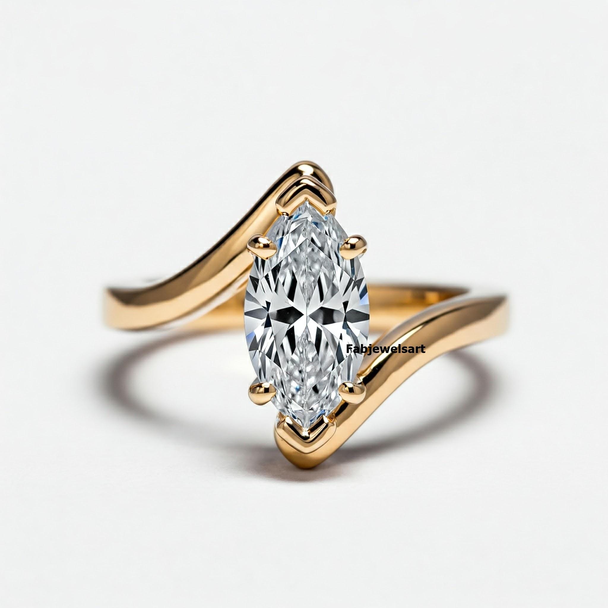 Swirl Bypass Engagement Ring, Solitaire Wedding Ring, Marquise Cut ...
