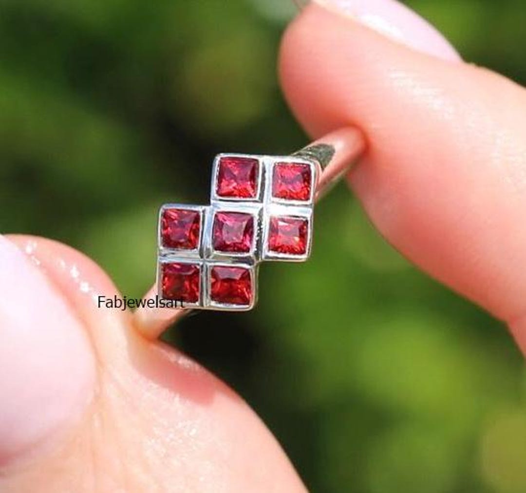 Red Ruby Gemstone Ring, Six Stone Wedding Ring, Cushion Cut Engagement Ring, Bezel Set Ring ...