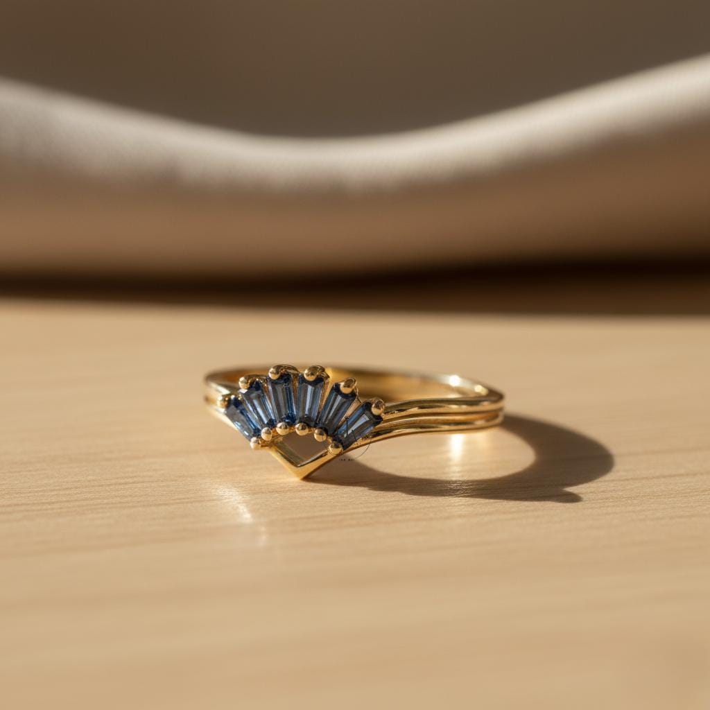 Chevron V Shape Wedding Ring, Blue Sapphire Gemstone Ring, Six Stone ...