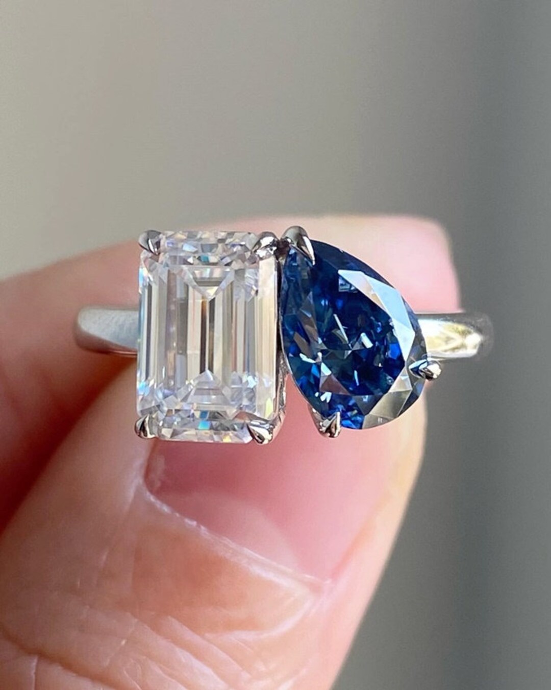 Toi Et Moi Engagement Ring, Blue Sapphire Emerald & Pear Cut Diamond ...
