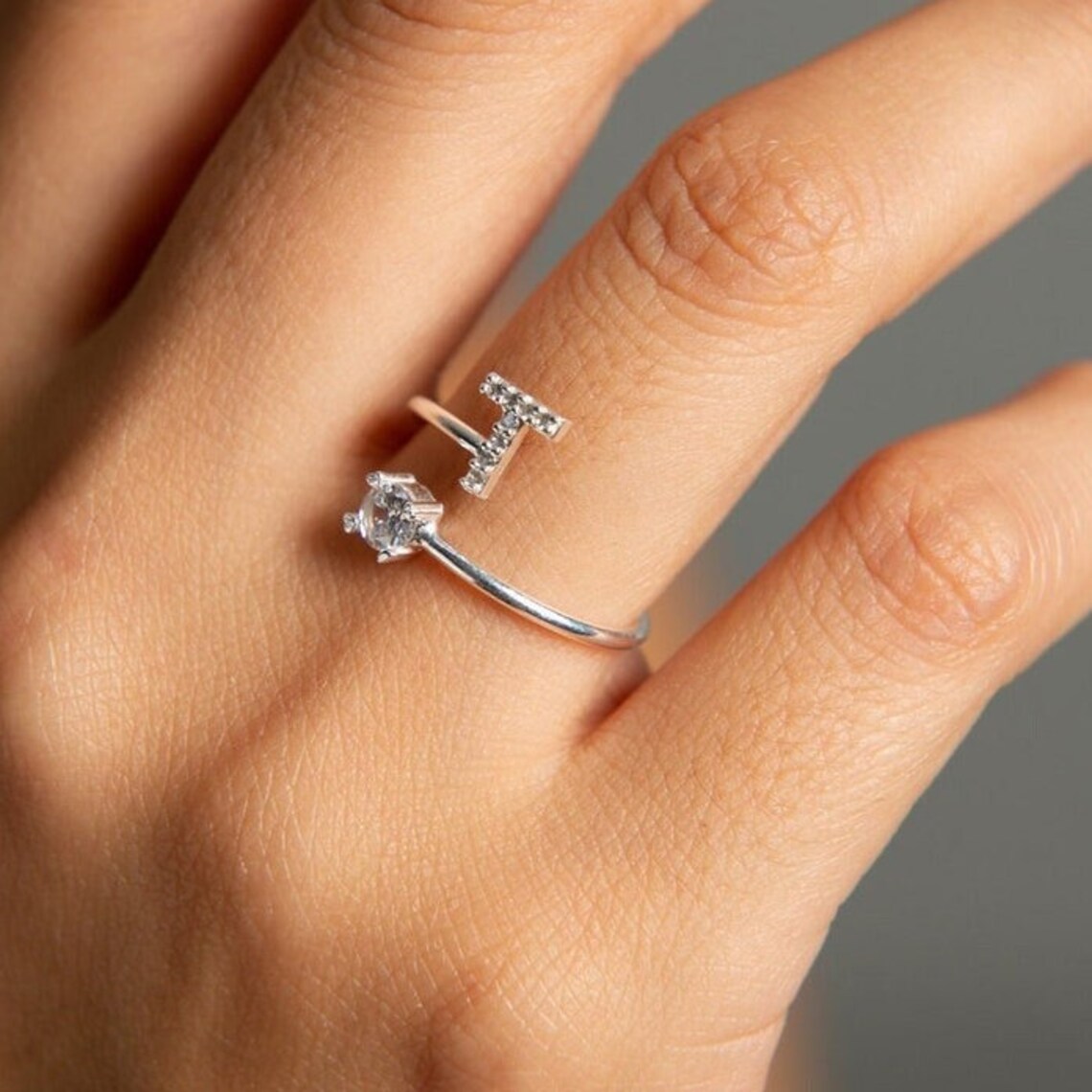 Open Cuff Wedding Ring, Initial Letter Engagement Ring, Adjustable Ring ...