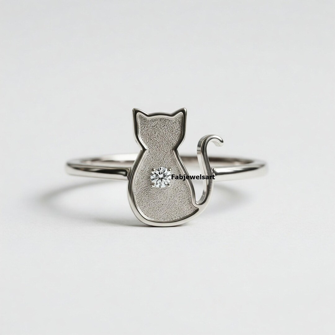 Cat Diamond Ring, Animal Inspired Ring, Round Shape Moissanite Ring ...