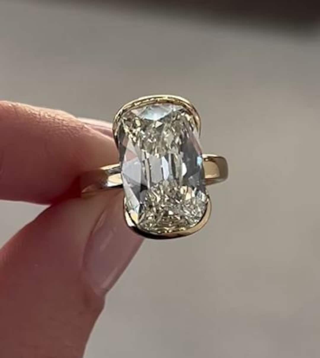 Elongated Cushion Shape Engagement Ring, Half Bezel Set Wedding Ring ...