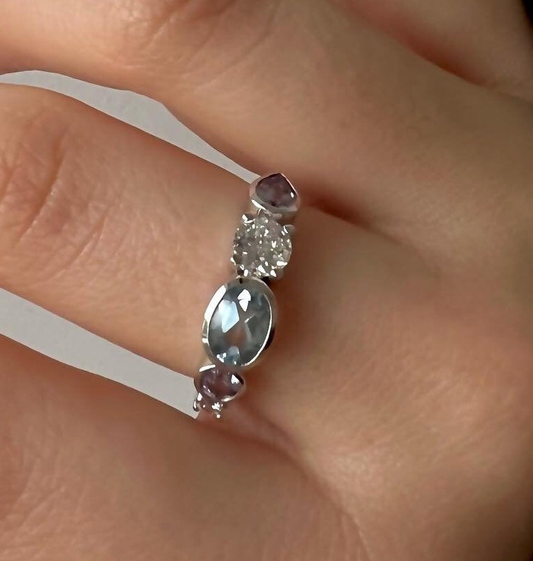 Five Stone Diamond Ring, Multi Colour Gemstone Ring, Bezel Set Diamond ...