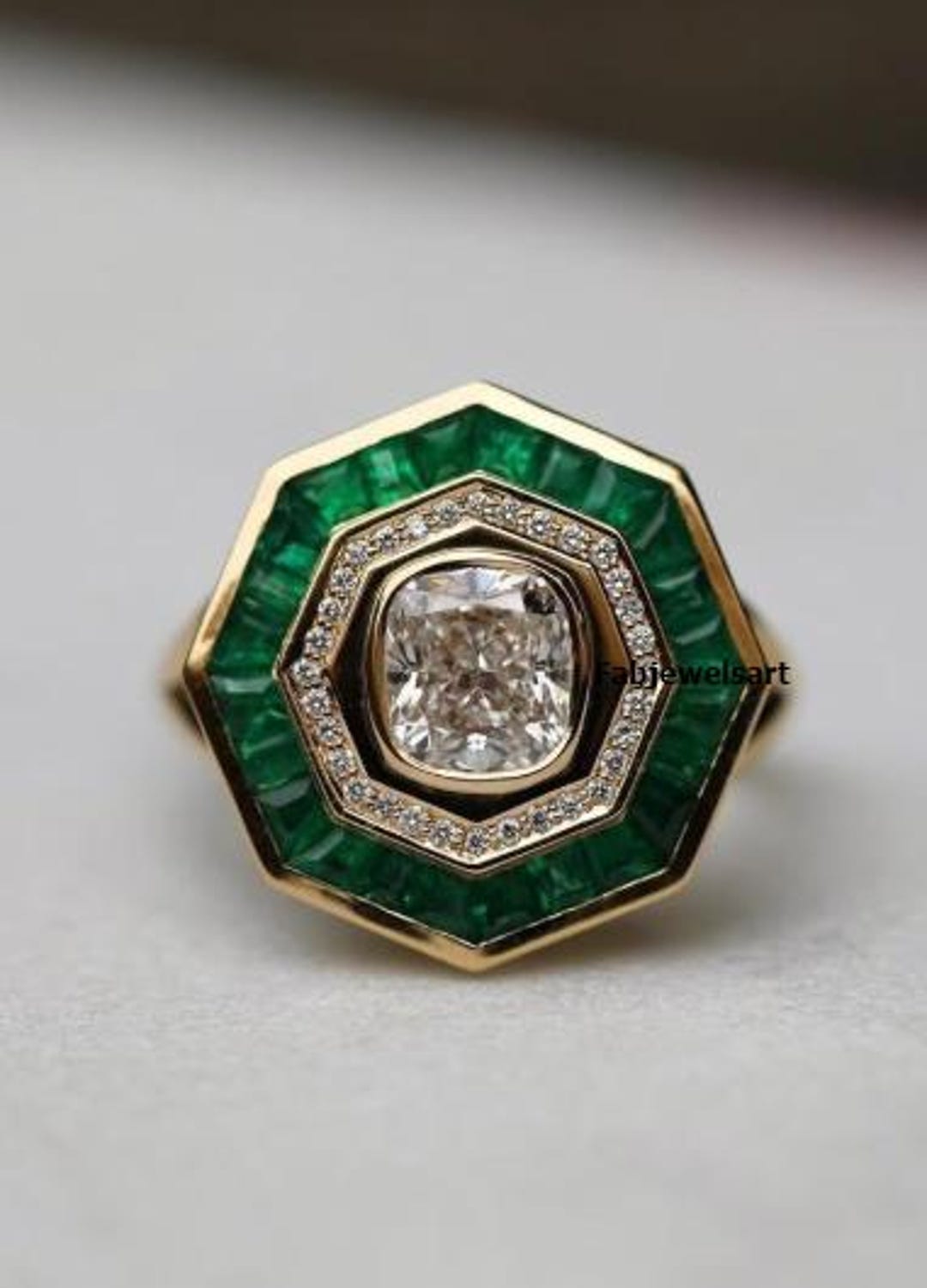 Art Deco Wedding Ring, Double Halo Diamond Ring, Green Emerald Princess ...