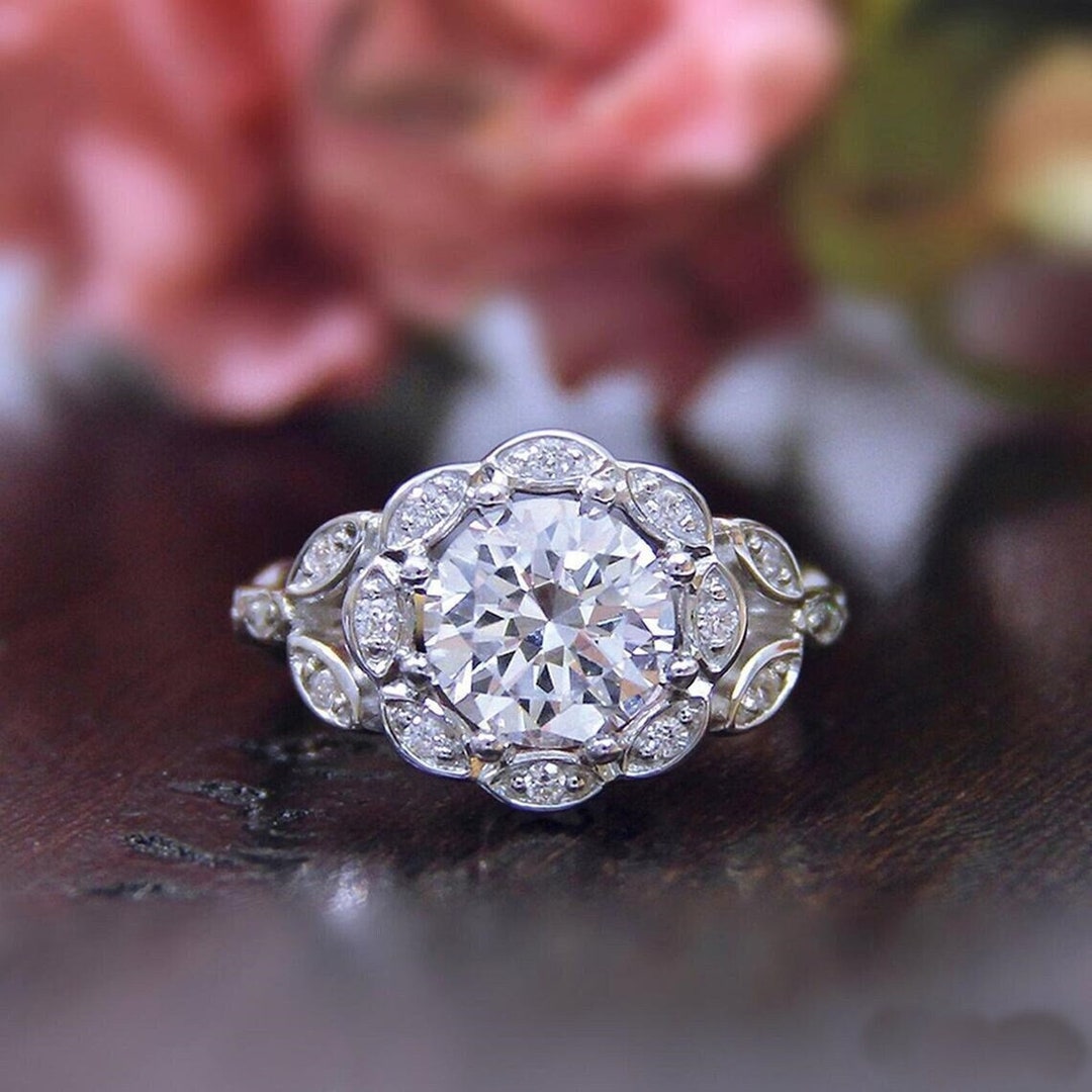 Halo Engagement Ring, Split Shank Wedding Ring, Round Shape Moissanite ...