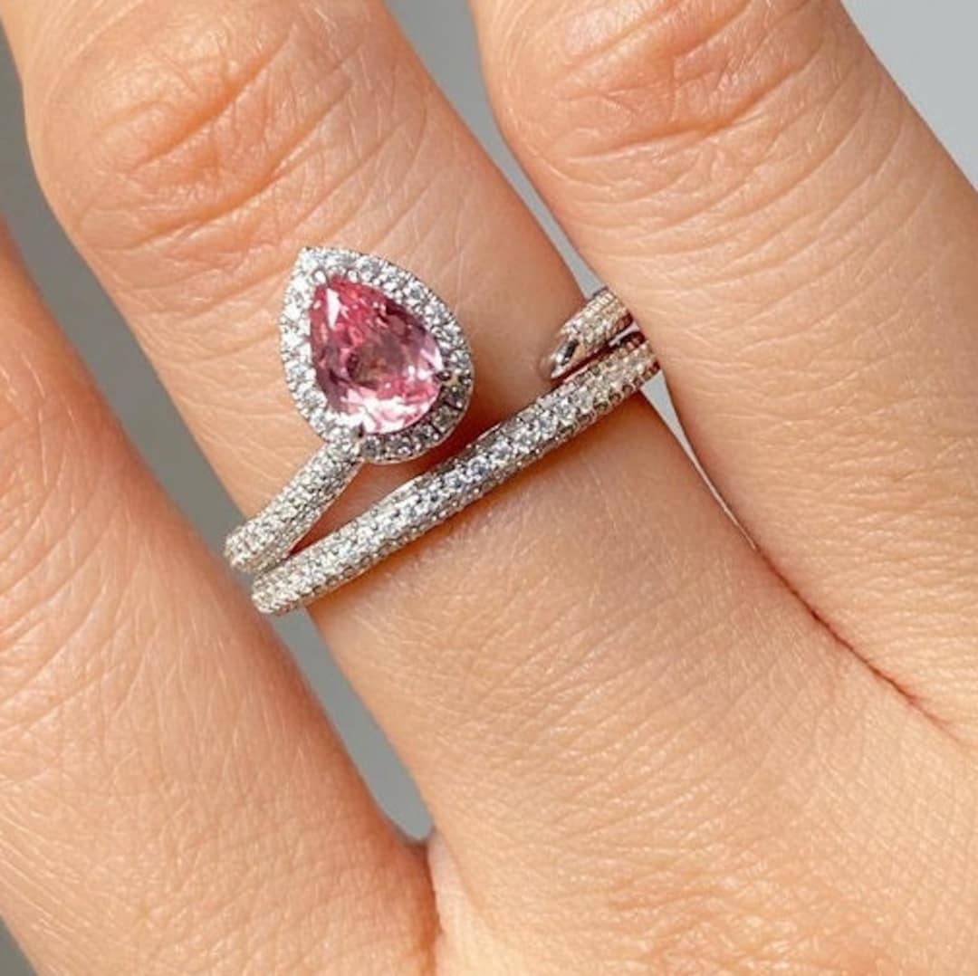 Wrap Around Engagement Ring, Spiral Ring, Halo Wedding Ring, Pink Ruby Pear Shape Gemstone Ring ...