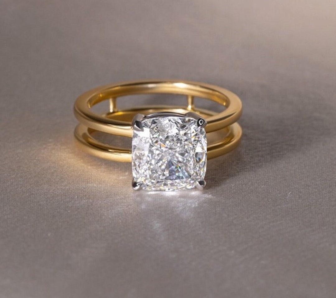 Double Row Ring, Two Tone Moissanite Engagement Ring, Cushion Cut ...
