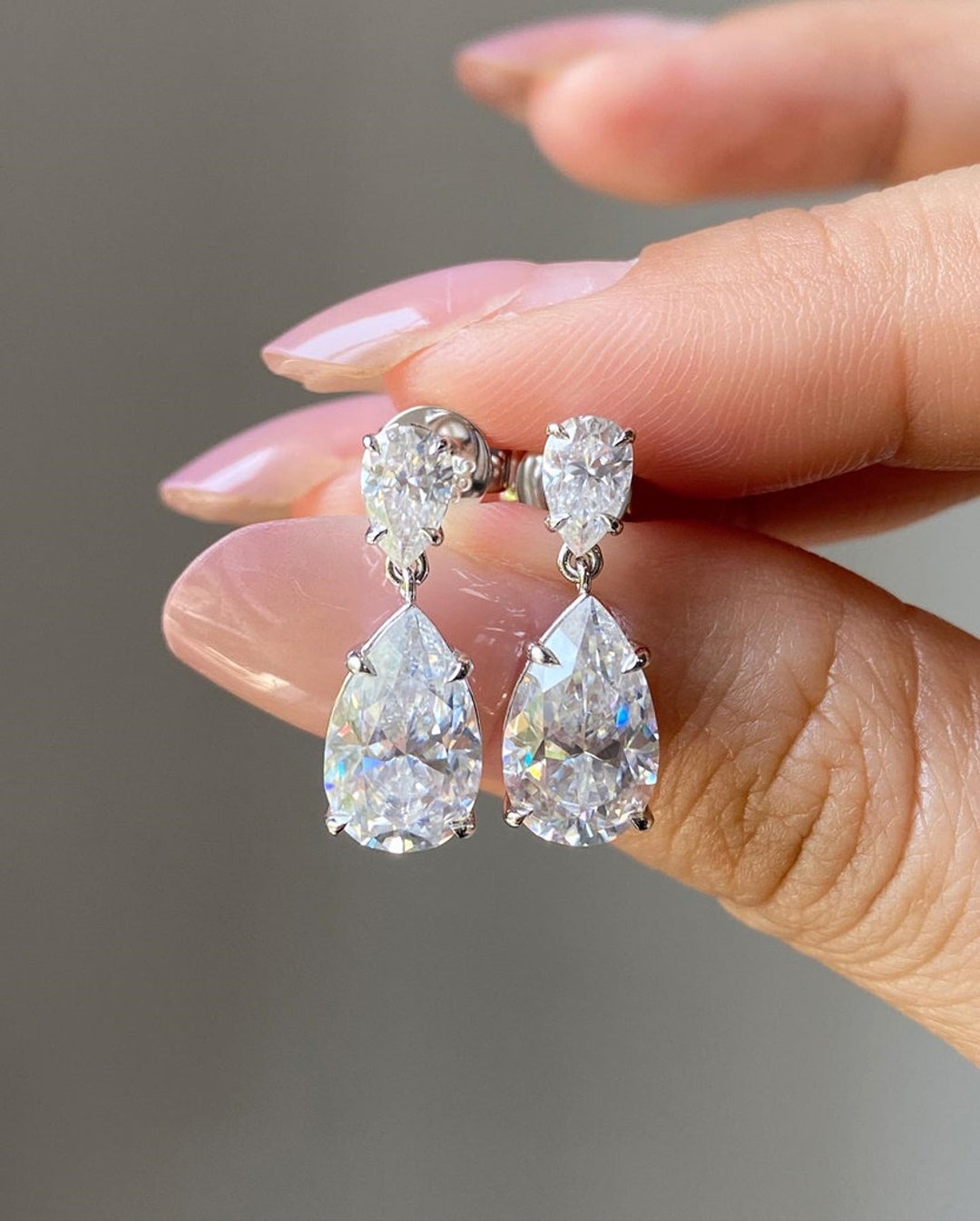 Two Stone Engagement Earring, Pear Shape Diamond Earring, Drop Dangle ...