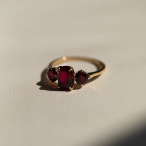 Red Ruby Diamond Ring, Three Stone Gemstone Ring, Elongated Cushion ...