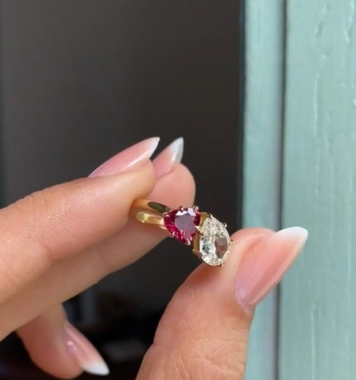 Toi Et Moi Wedding Ring, Pink Ruby Gemstone Ring, Heart & Pear Cut ...