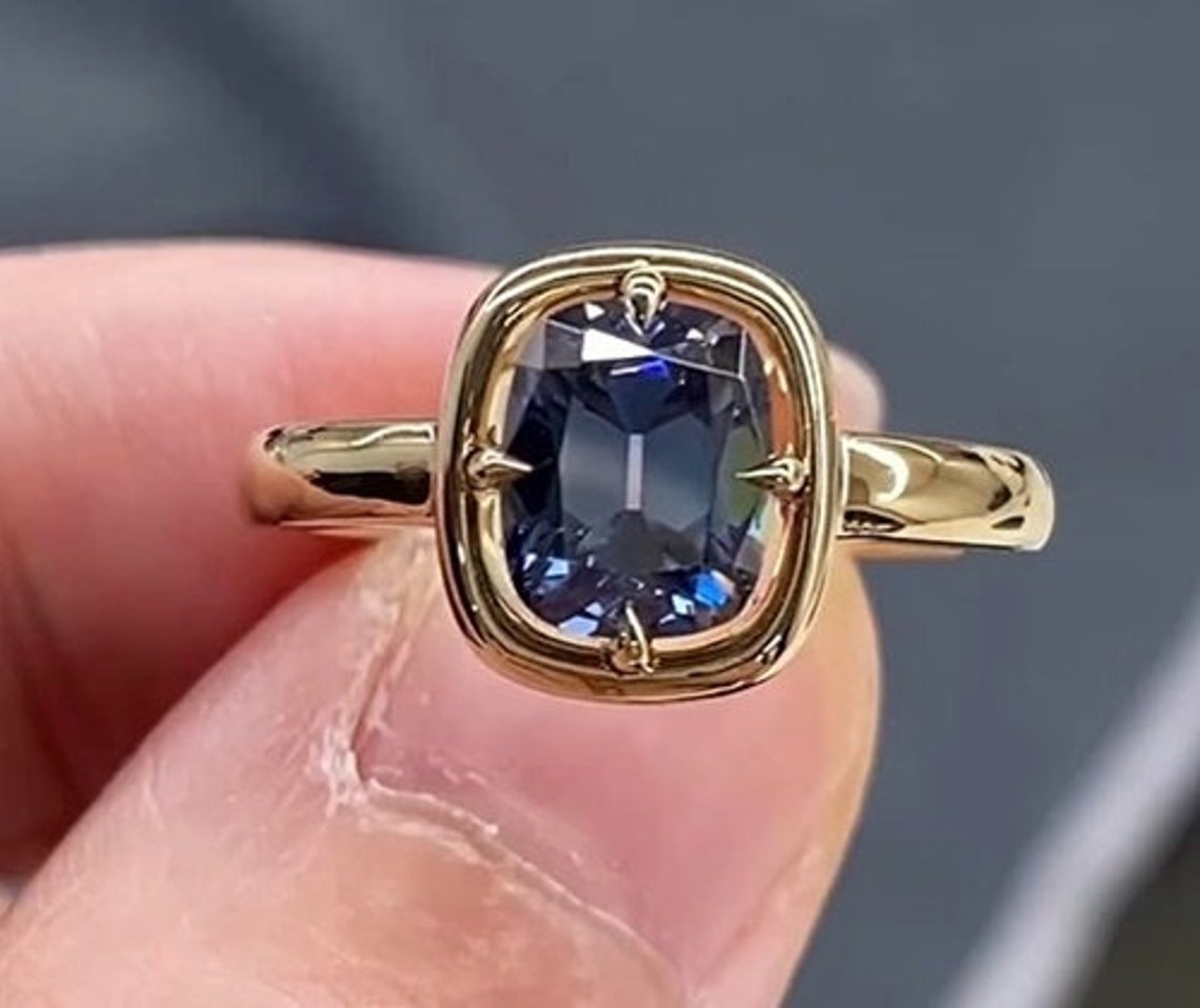 Blue Sapphire Cushion Cut Pong Set Gem Stone Ring, Bezel Set Solitaire ...