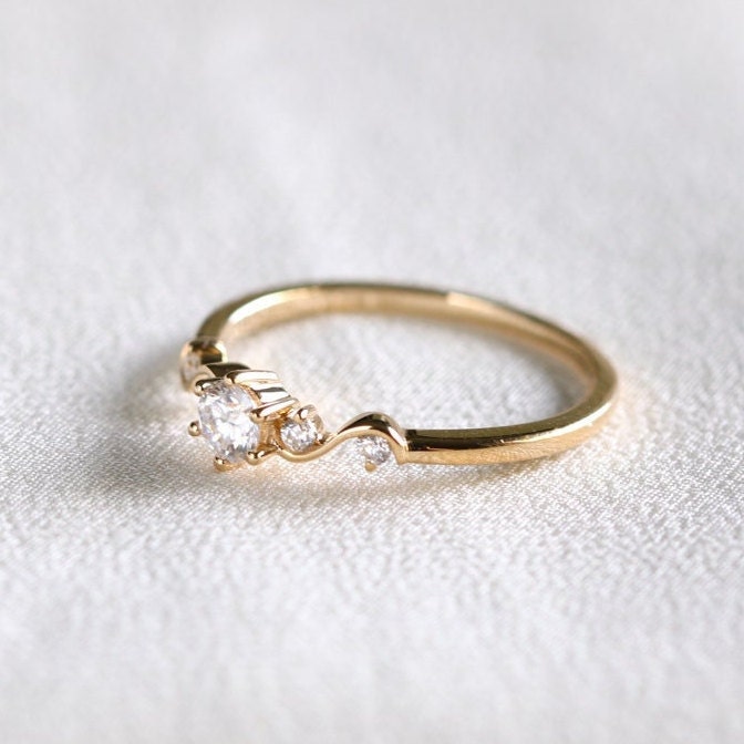 Round Cut Engagement Ring, Wave Shape Round Moissanite Ring, 14K Solid ...