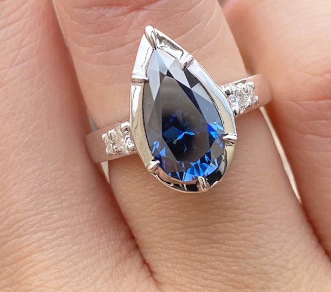 Blue Sapphire Pear Shape Engagement Ring, Bezel Set Ring, Solitaire ...