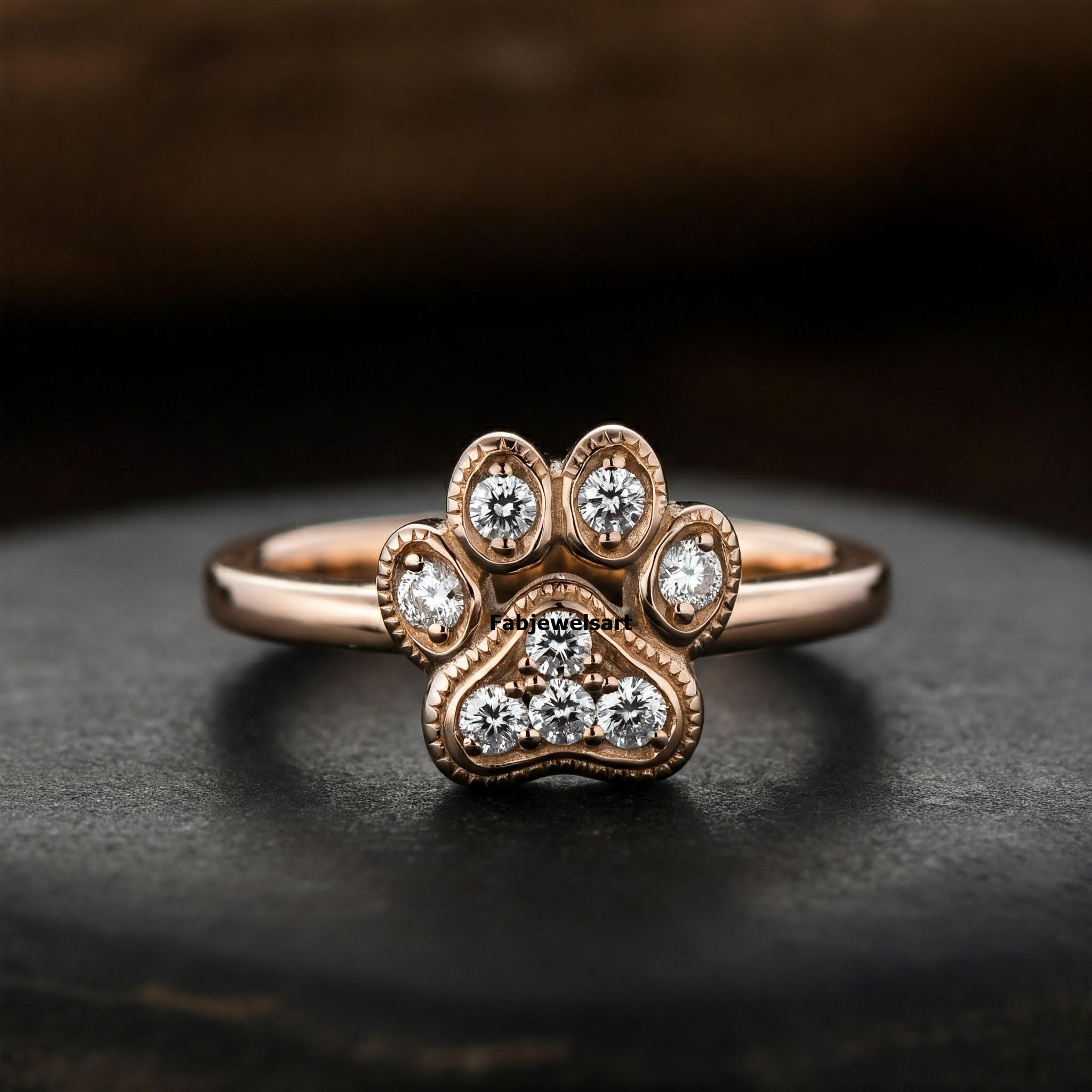 Dog & Cat Paw Wedding Ring, Eight Stone Engagement Ring, Round Shape ...