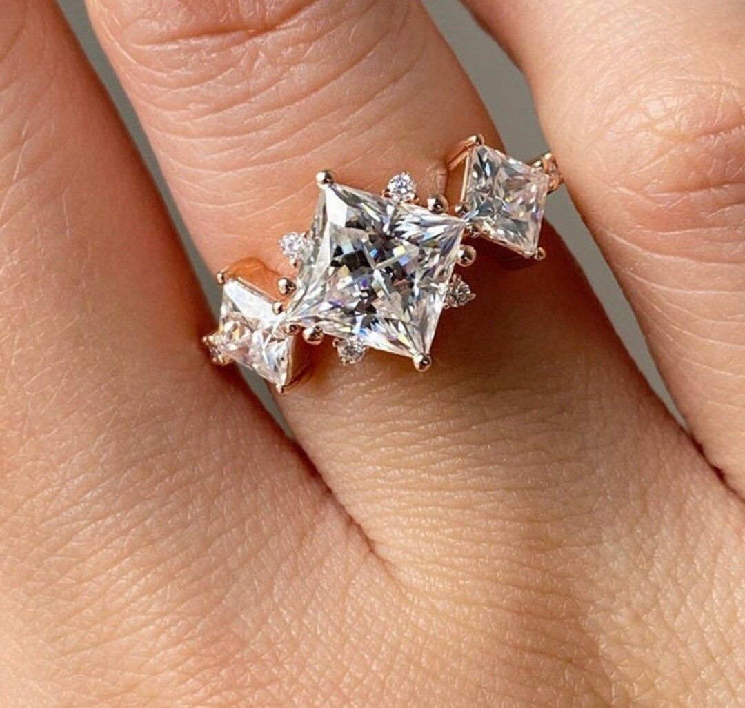 Cluster Ring, Three Stone Engagement Ring, Princess & Round Shape ...