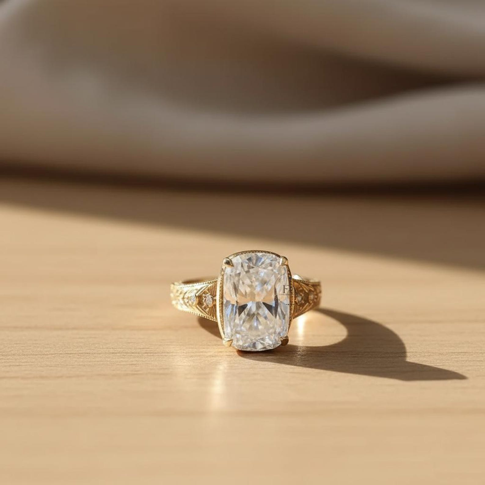 Art Deco Wedding Ring, Elongated Cushion & Round Cut Moissanite Ring ...