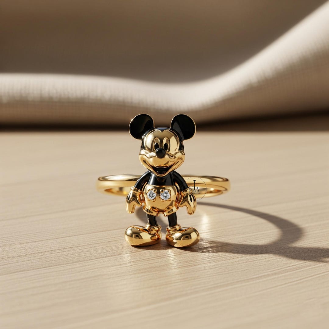 Mickey Mouse Diamond Ring, Two Stone Cartoon Character Ring, Round ...